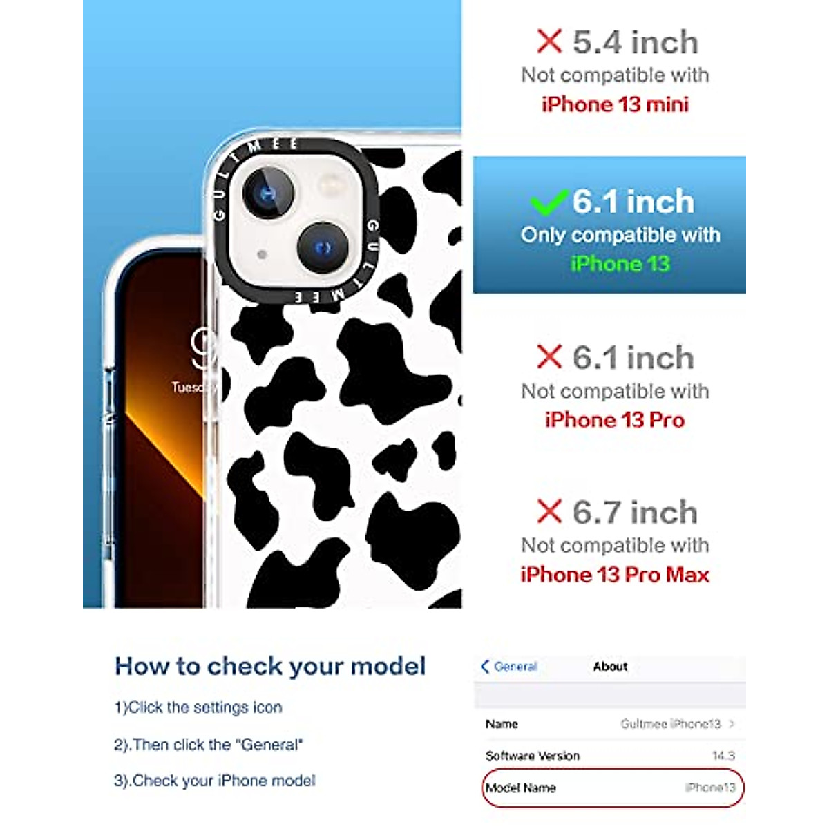 GULTMEE [3 in 1 Designed for iPhone 13 Case Cow Print with Built-in Bumper Shockproof Protective Phone Case Cover for iPhone 13 Cases 6.1" Tempered Glass Screen Protector + Camera Lens Protector