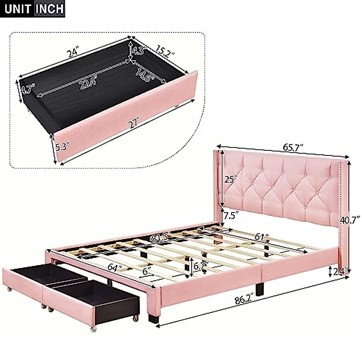 OMMGG Queen Size Upholstered Platform Bed with Two Drawers and Button Tufted Headboard, Linen Fabric Storage Bedframe w/Reinforced Wooden Slats & 4 Supporting Legs, No Box Spring Needed