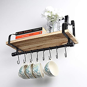 TJ.MOREE Coffee Mug Rack for Wall, Coffee Cup Holder Wall Mounted with 8 Hooks, Coffee Bar Display Shelf, Rustic Floating Storage Shelves Wall Decor