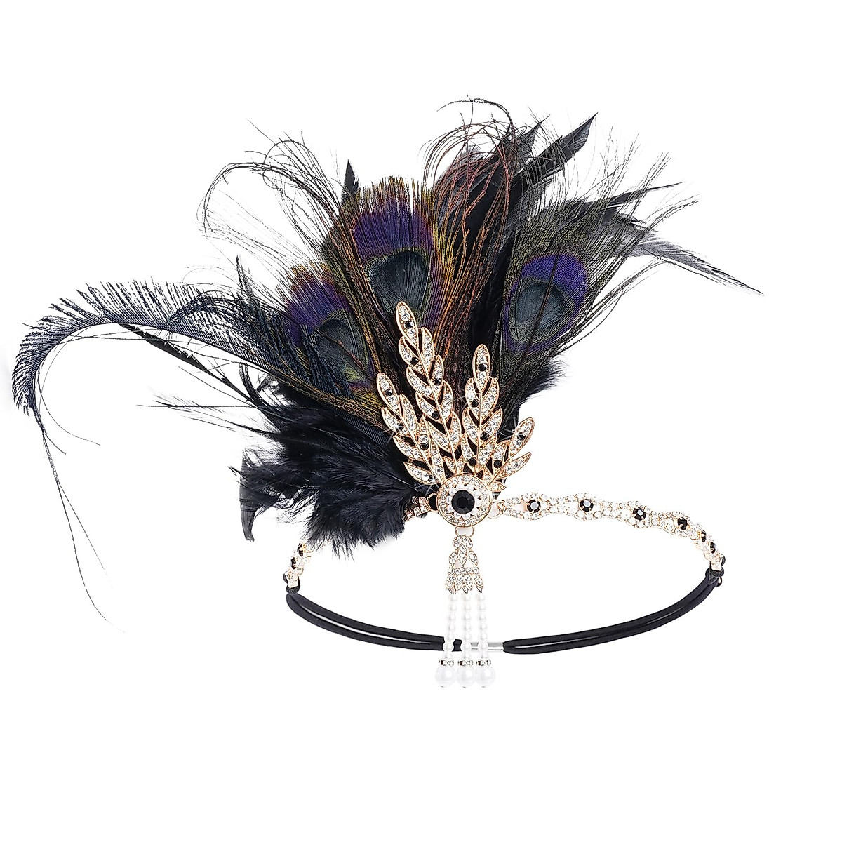 Tongcloud 1920s Flapper Feather Headband Roaring 20s Gatsby Headpiece Women's 1920s Headband Flapper Feather Headpiece (Black)