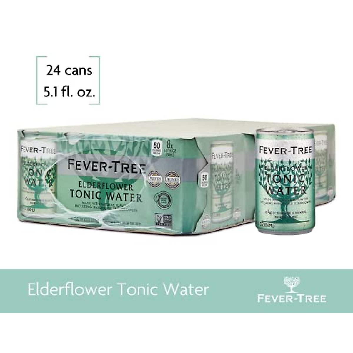 Fever Tree Elderflower Tonic Water - Premium Quality Mixer - Refreshing Beverage for Cocktails & Mocktails. Naturally Sourced Ingredients, No Artificial Sweeteners or Colors - 150 ML Cans - Pack of 24