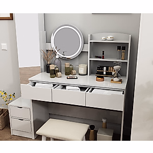 63" Makeup Vanity Desk with 3-Color Adjustable Touch Light,Wooden Mass Storage Vanity Mirror with 5 Drawers for Women Girls White