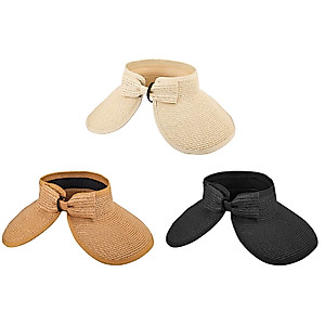 MEINICY 3PCS Foldable Straw Sun Visor Hats for Women, Wide Brim Ponytail Summer Beach Hat, Protect Your Skin Easily (Nature+Black+Beige 3PCS)…