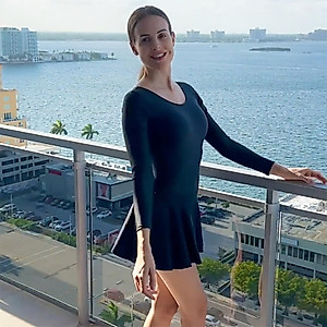 Aoylisey Women's Long Sleeve Leotard Dance Skirted Bodysuits (Black, S)