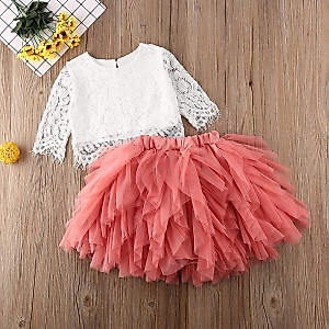 Goelsakurara 2PCS Kids Baby Girl Lace Hollow T-Shirt Tops+Tutu Skirt Toddler Ruffle Layers Dresses Outfits Birthday Party Pink, 3-4T