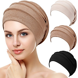 3 Pieces Slouchy Beanies Womens Headwear Sleeping Beanies Head Wrap Hats Soft Sleep Cap Stretchy Elastic Headwear for Women (Black, Brown, Beige)