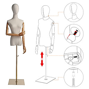 Bonnlo Dress Form with Head and Posable Wood Arms, Height Adjustable Mannequin Torse Body, Female Clothing Display Model with Metal Base