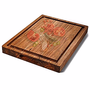 FANICHI Extra Large & Thick Acacia Wood Cutting Board: 16 x 12 x 1.5 Inch Reversible Multipurpose with Juice Groove, Cracker Holder & Inner Handles.