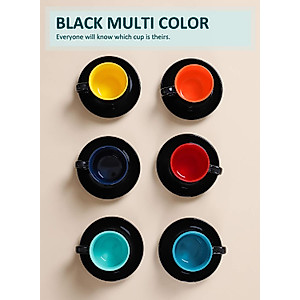 Teocera Porcelain Espresso Cups with Saucers and Metal Stand - Set of 6 Stackable Demitasse Cups, 2.5 Ounce for Coffee and Tea, Black Multi Color