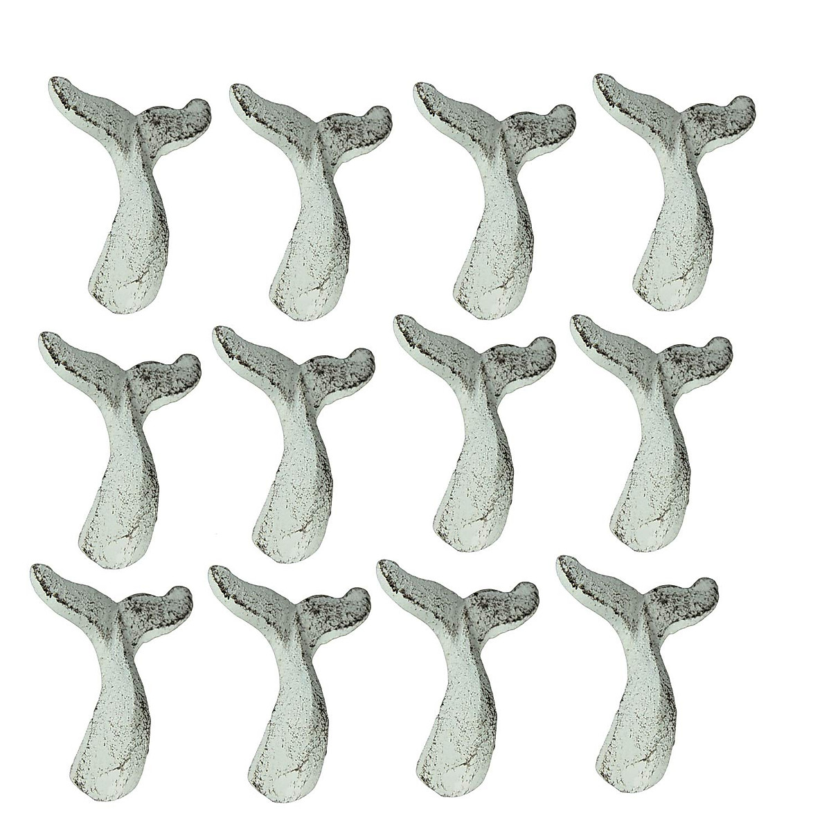 Zeckos Set of 12 Distressed White Cast Iron Whale Tail Drawer Pulls Decorative Bathroom Cabinet Knobs Coastal Kitchen Handle Decor Accessories - 2.25 Inches Long