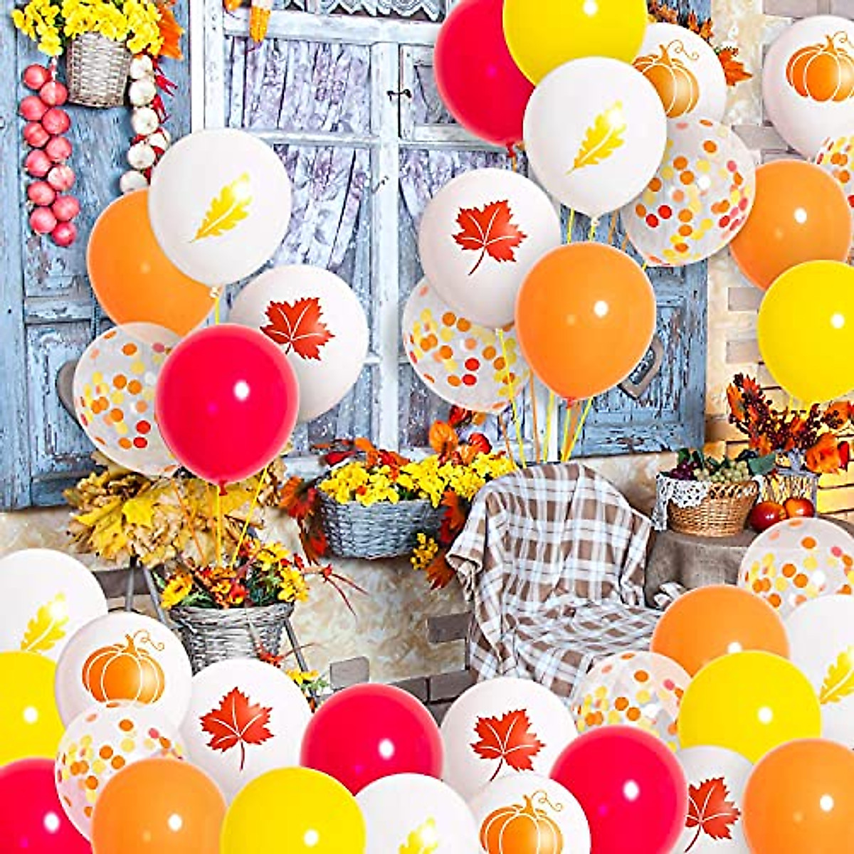 Whaline 80Pcs Fall Balloon Set Autumn Leave Maple Leave Pumpkin Pattern Balloons Red Orange Yellow Confetti Balloon with Yellow Orange Ribbon for Fall Autumn Party Thanksgiving Birthday Wedding Decor