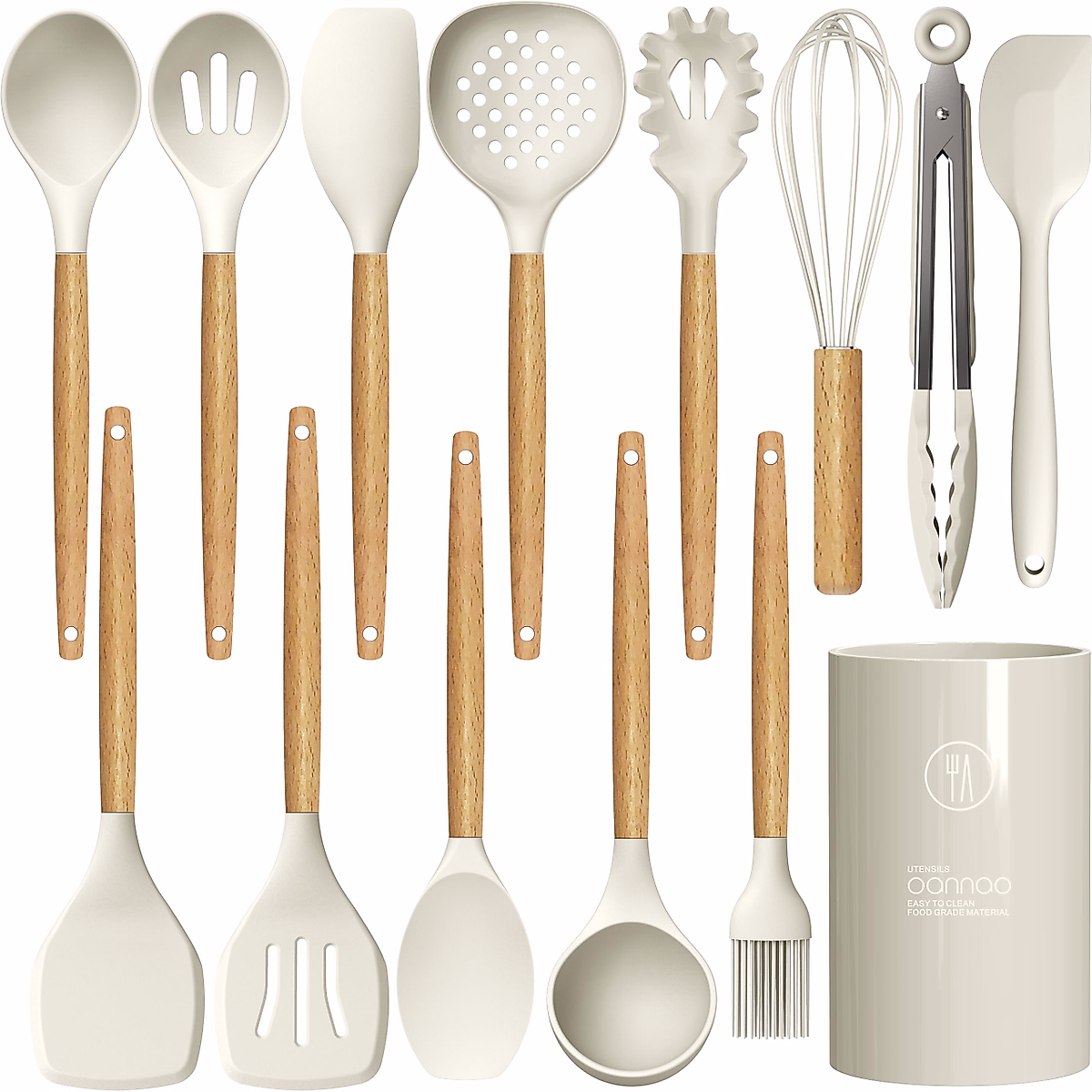 14 Pcs Silicone Cooking Utensils Kitchen Utensil Set - 446°F Heat Resistant,Turner Tongs, Spatula, Spoon, Brush, Whisk, Wooden Handle Kitchen Gadgets with Holder for Nonstick Cookware (BPA Free Khaki)
