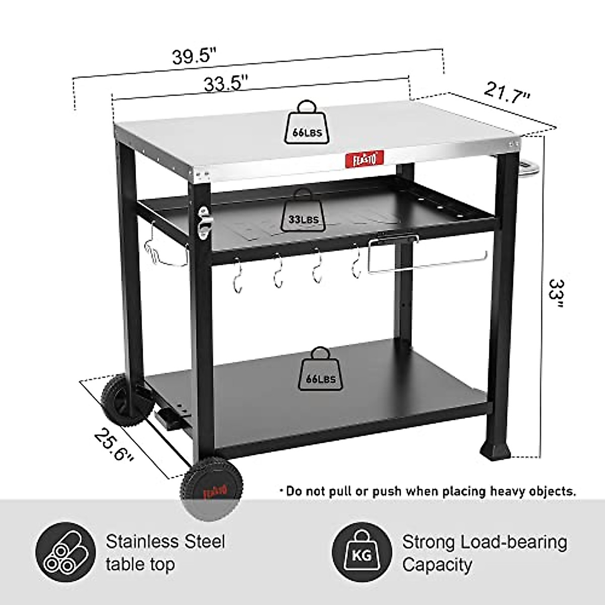 FEASTO Three-Shelf Movable Food Prep and Work Cart Table, Home and Outdoor Multifunctional Stainless Steel Table Top Worktable on Two Wheels, L39.5’’x W25.6’’x H33’’