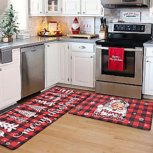 INFISIBLE Christmas Anti Fatigue Kitchen Rugs and Mats Set of 2, Red and Black Buffalo Plaid Kitchen Floor Mats Cushioned Non Slip Washable, Christmas Tree Kitchen Mat Santa Claus Xmas Decor