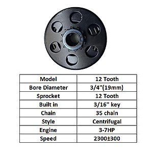 QYMOTO Go Kart Mini Bike Clutch 3/4" Bore 12 Tooth 35 Chain Predator 212cc Centrifugal Clutch Fit for 6.5 HP Engine GX160 GC190 GX200 Predator 212 Clutch with 2 Screws