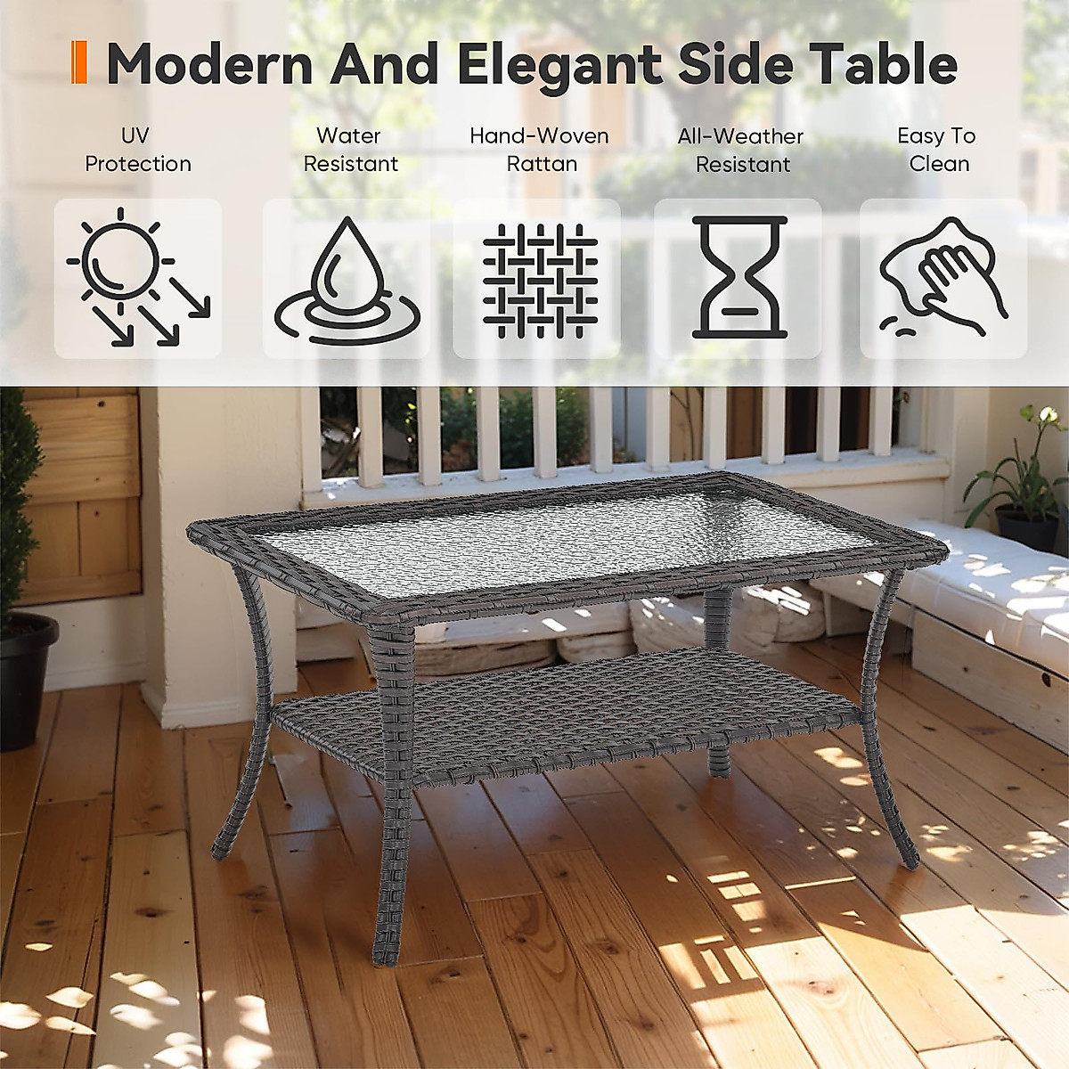 Outdoor Coffee Table - Patio Rattan Wicker Coffee Table with Tempered Glass Top and 2-Tier Storage Outdoor Table for Deck Porch Balcony Garden - Brown