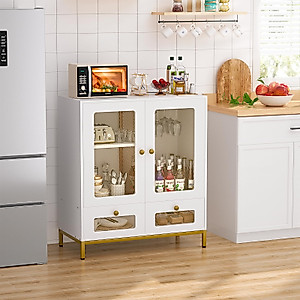 Sideboard Buffet Cabinet with Storage, Wine Bar Cabinet with Power Outlet & LED Light, Kitchen Storage Cabinet with Drawers, Liquor Coffee Bar Cupboard Buffet Table for Dining Room, White