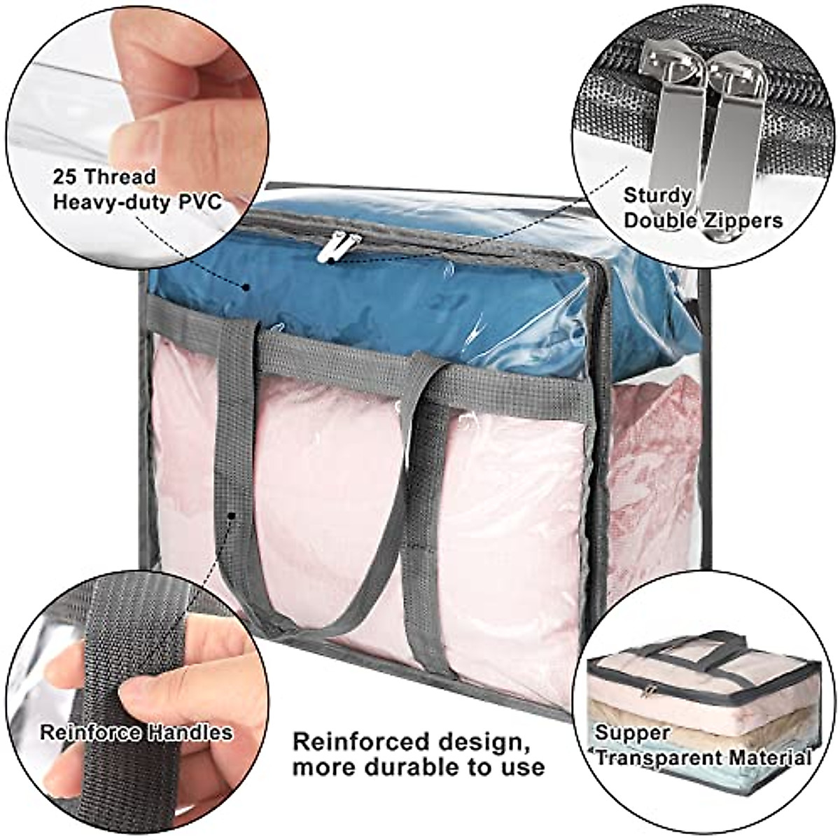 Fixwal 4 Pack Clear Clothes Storage Bags Vinyl Organizers with Sturdy Zippers Reinforced Handle Plastic Moving Totes for Comforters, Blankets, Linen, Bedding, Duvet, Transparent Space Saver Containers