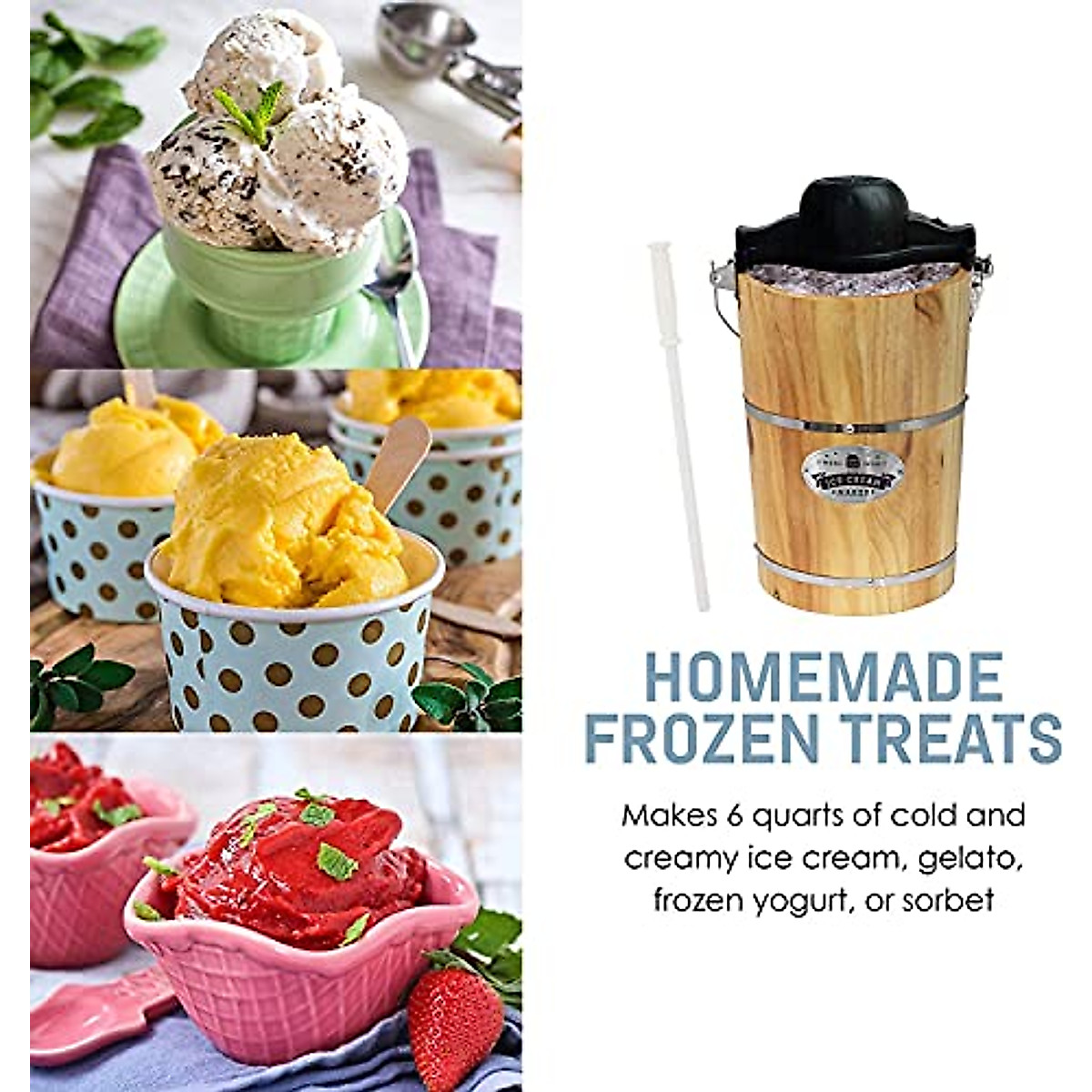 Elite Gourmet EIM916# Old Fashioned 6 Quart Vintage Wood Bucket Electric Ice Cream Maker Machine, *Bonus Classic Die-Cast Hand Crank for Churning, Uses Ice & Rock Salt Churn Ice Cream in Minutes, Pine