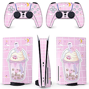 BelugaDesign Kirby Boba Skin PS5 | Anime Bubble Tea Smash Dessert | Cute Kawaii Pastel Vinyl Cover Wrap Sticker Full Set Console Controller | Compatible with Sony Playstation 5 (PS5 Disc, Pink)