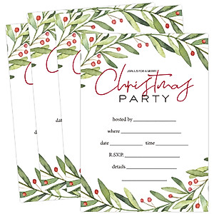 Whaline 25 Pack Christmas Party Invitation Cards Holly Greenery Watercolor Leaves&Berries Invitation Paper Cards with Envelopes Xmas Holiday Party Invites