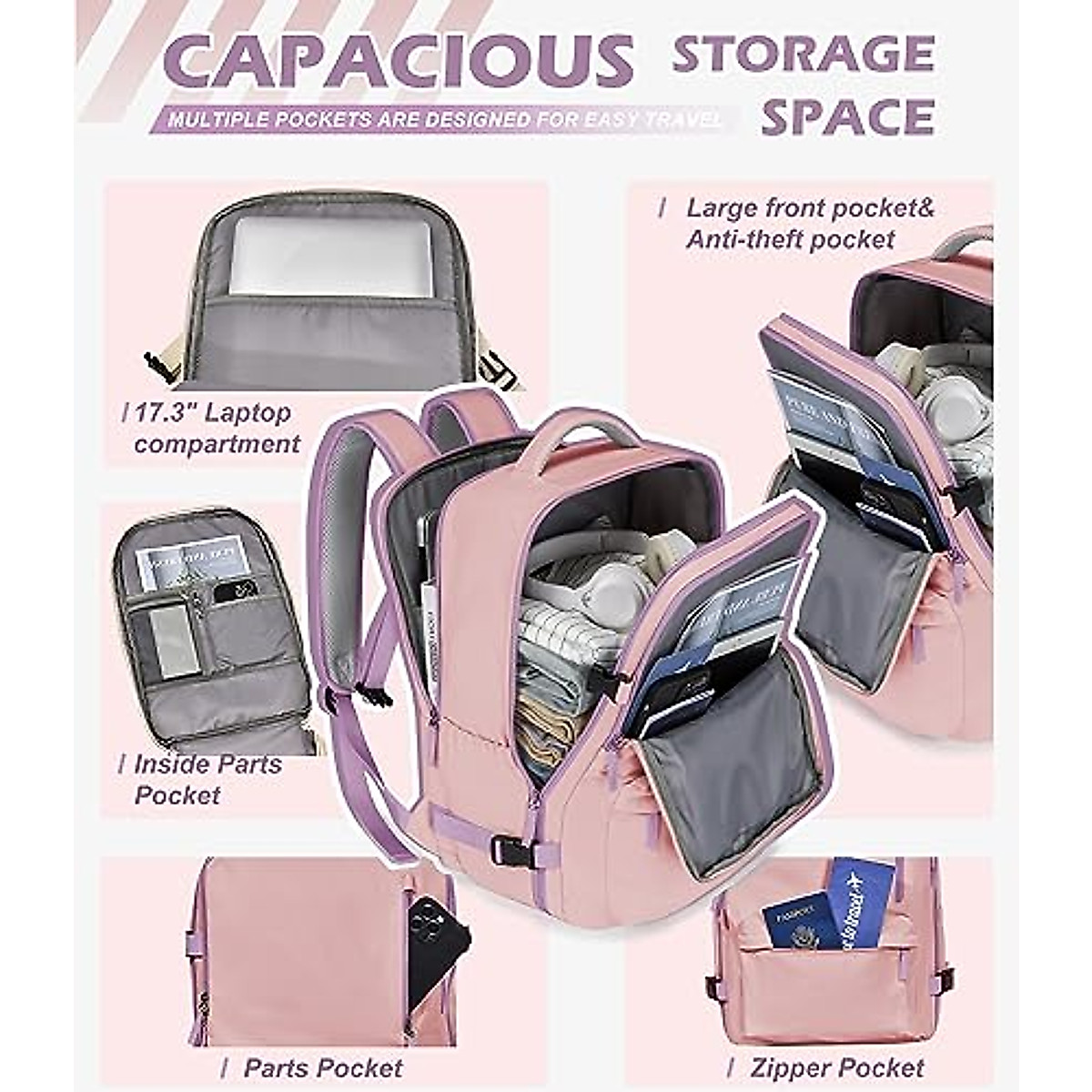 Lekakii Travel Laptop Backpacks for Women Carry On, 40L Nylon Waterproof Backpack for Traveling On Airplane, Gym Backpack Personal Item Essentials, Pink-Purple