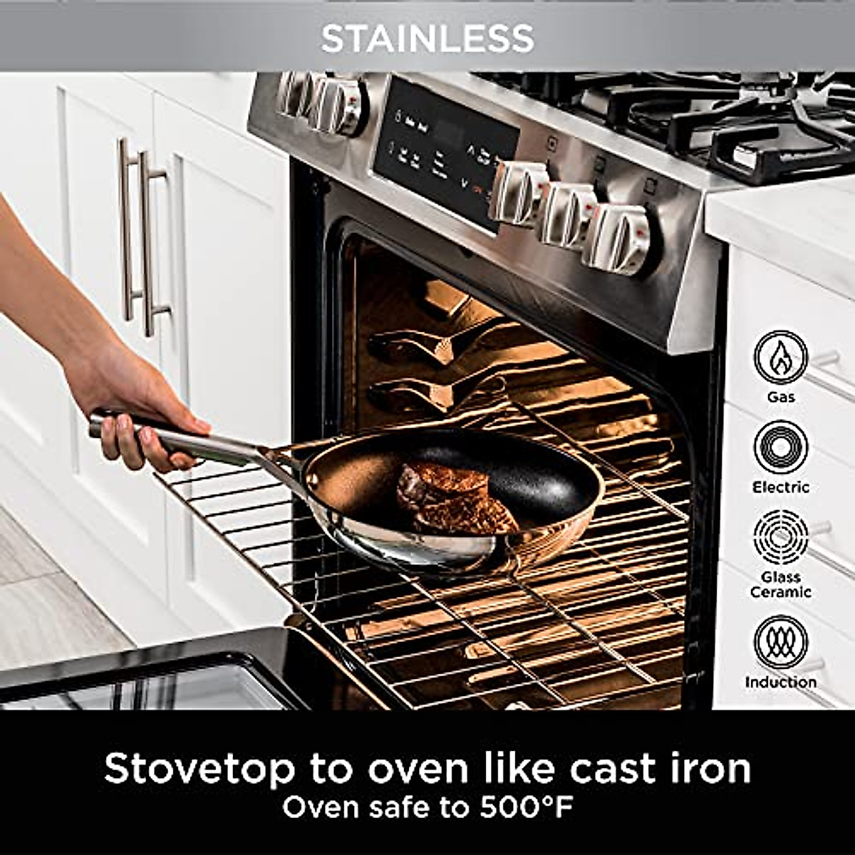 Ninja C60030 Foodi NeverStick Stainless 12-Inch Fry Pan, Polished Stainless-Steel Exterior, Nonstick, Durable & Oven Safe to 500°F, Silver