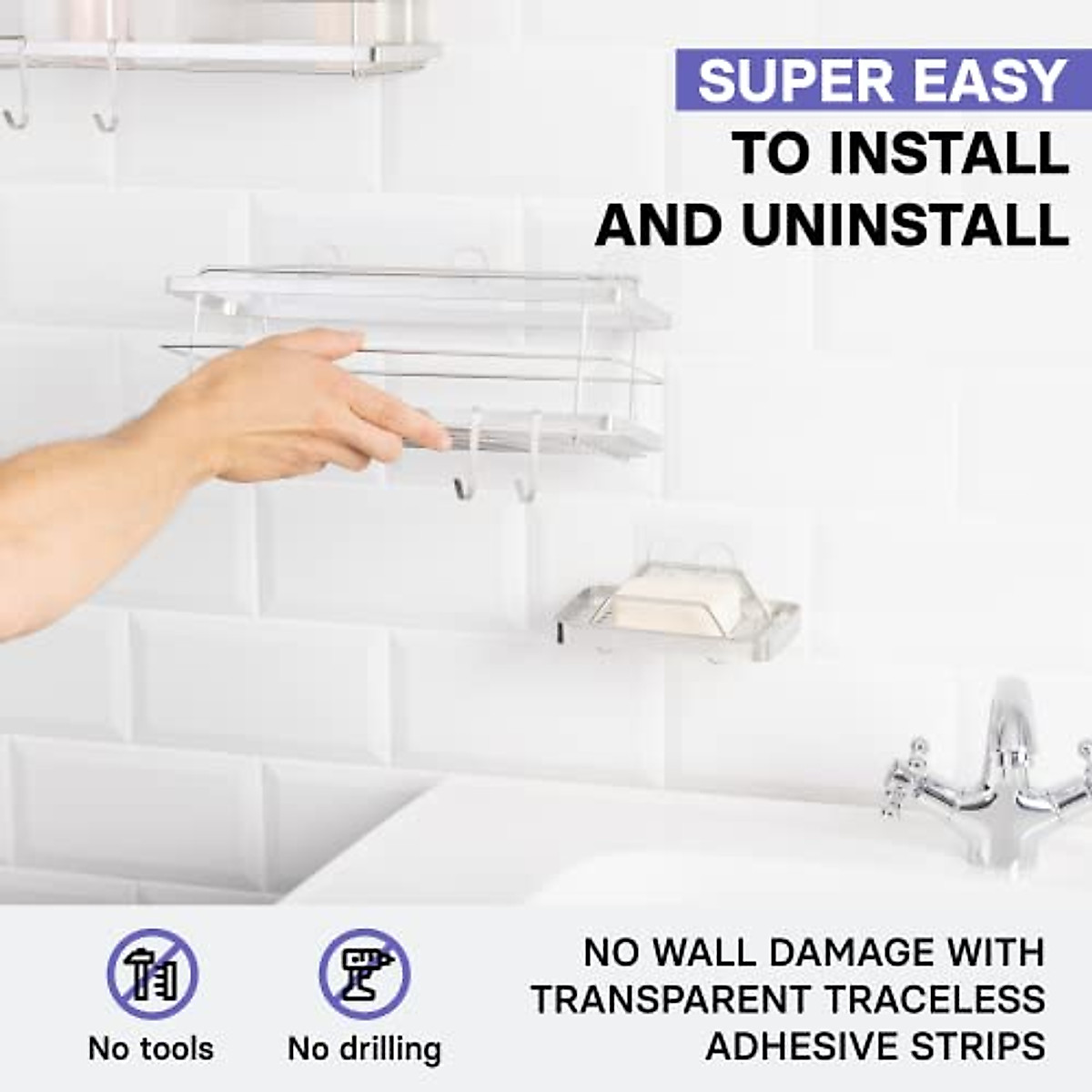 KINCMAX Shower Caddy and Soap Holder, Rustproof SUS304 Stainless Steel, Adhesive Wall Mount Double Baskets 2-pack with Hooks (Polished Silver)