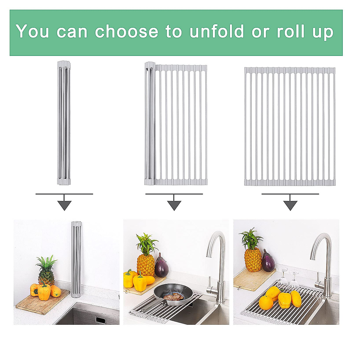 Roll Up Dish Drying Rack, ABQ Over Sink Dish Drying Rack, Foldable All Silicone Coated Rolling Sink Rack Mat Stainless Steel Dish Drainer for Kitchen (17.5''x13'')