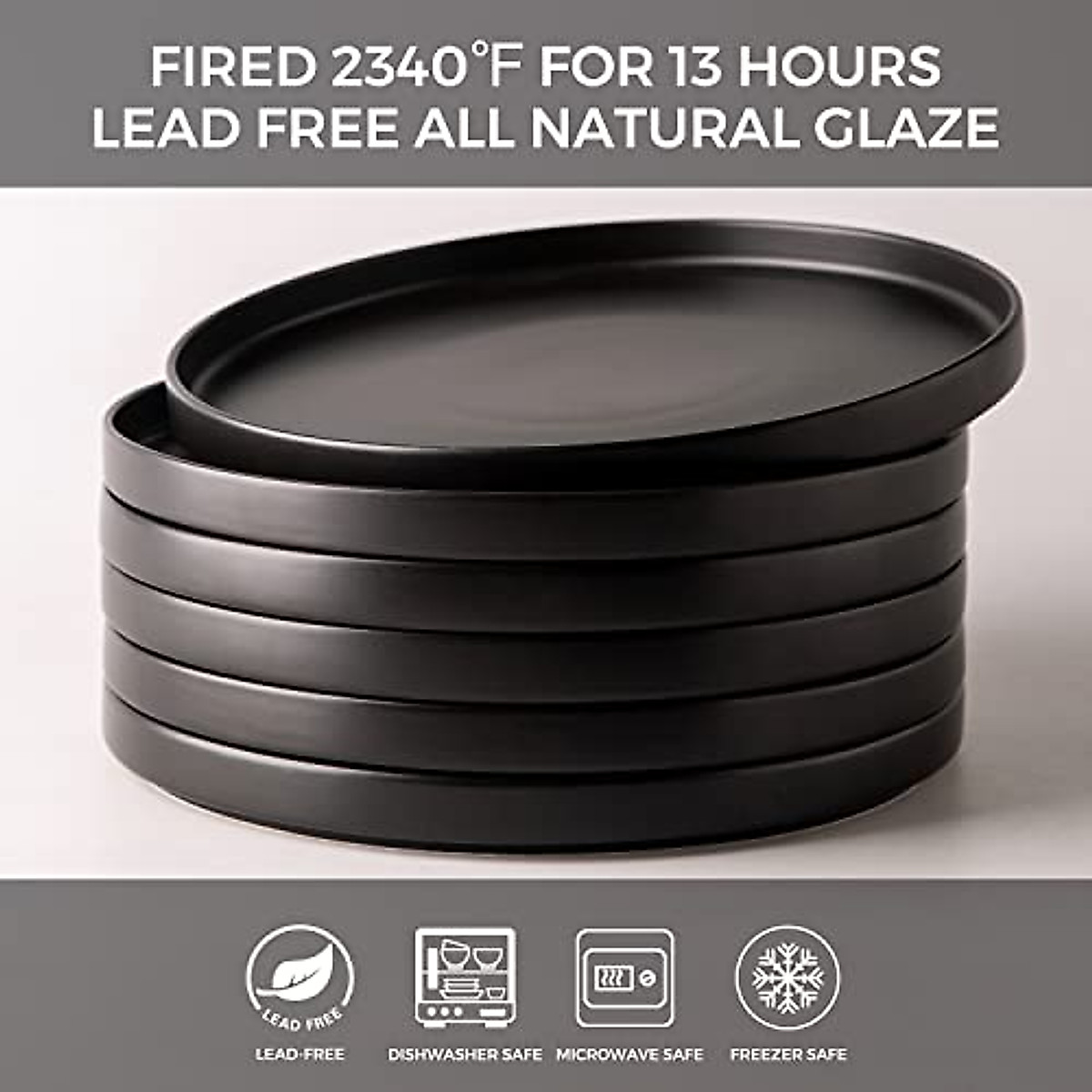 AmorArc Ceramic Plates Set of 6, Matte Glaze 8.0 Inch Dishes Set for Kitchen, Dessert,Salad,Appetizer, Small Dinner Plates, Microwave & Dishwasher Safe, Scratch Resistant, Matte Black