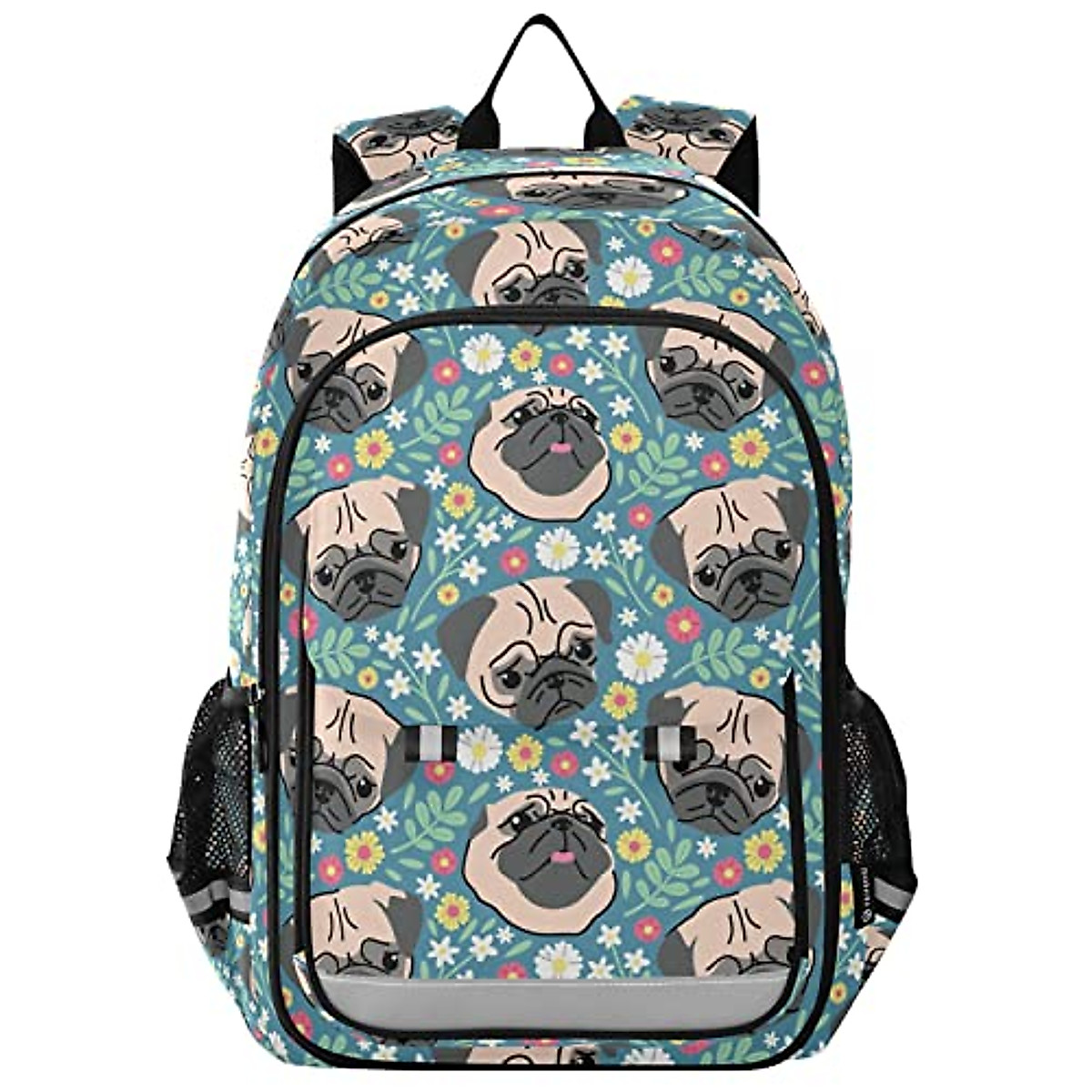 Glaphy Cute Pug Dog Floral Backpack School Bag Lightweight Laptop Backpack Student Travel Daypack with Reflective Stripes