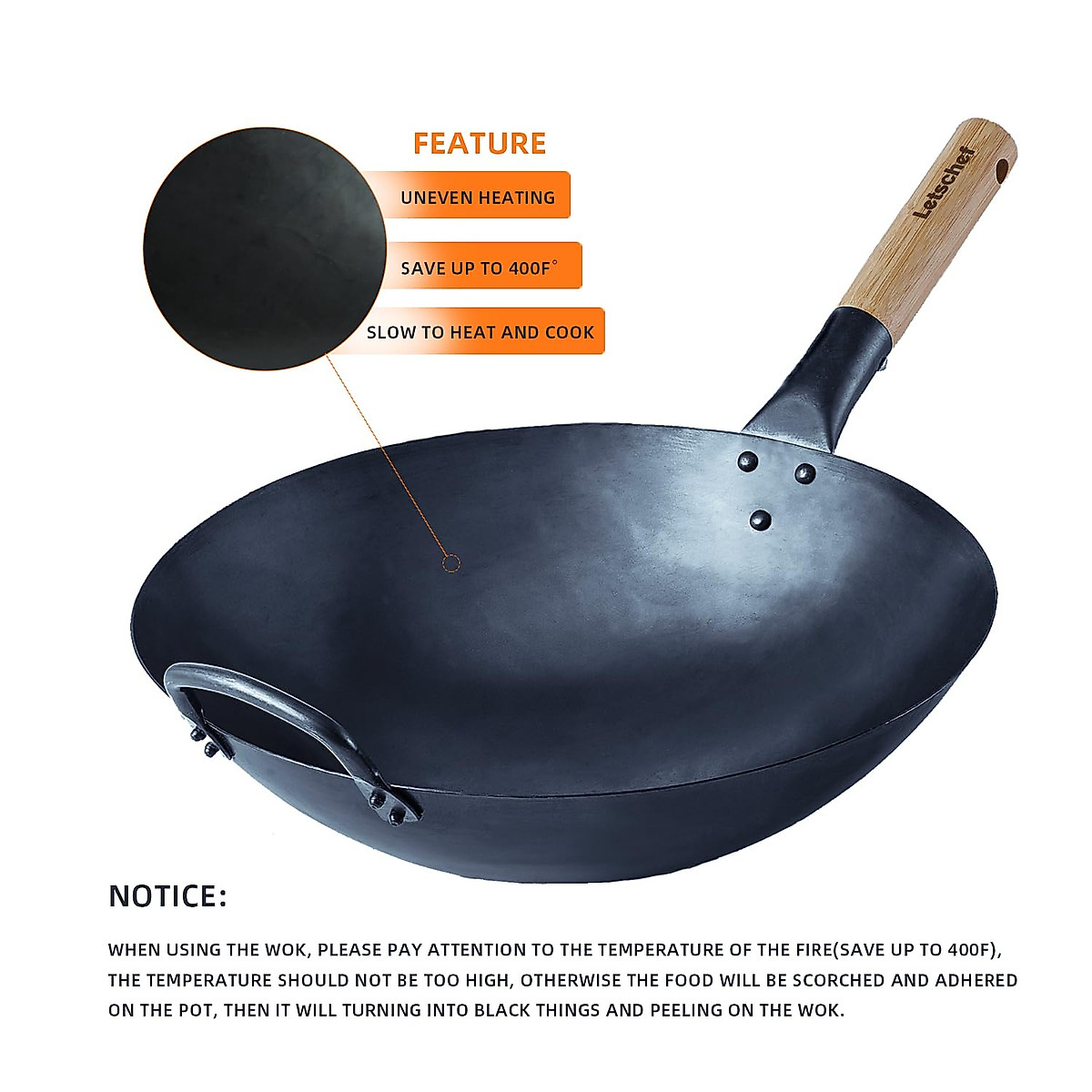 Letschef Preseasoned Carbon Steel Wok 14 Inches Hand Hammered Chinese Traditional Wok and Stir Fry Pan Round Bottom with Bamboo Handle PFOA Free Cookware