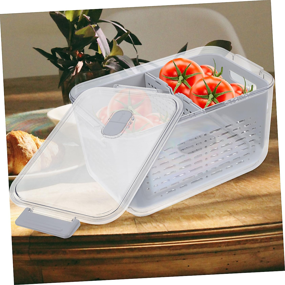 UPKOCH Drained Vegetable Basket Glass Container with Lid Fruit Containers with Lids Glass Fruit Vegetable Strainer Container Fruit Washing Basket Food Storage Bin Produce Keeper Pp Grey