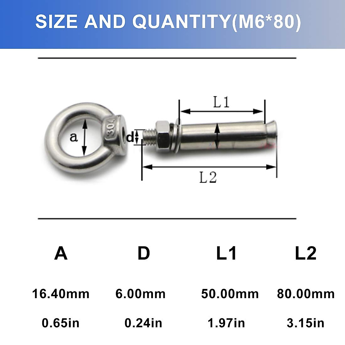 Amycheer Ring Lifting Expansion Eyebolt Screw Bolt 304 Stainless Steel Closed Hook Anchor Eye Bolt Wall Concrete Expansion Screws Bolts M6x80mm 5 Pack
