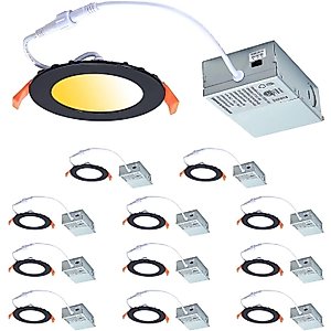 CycevSun 12 Pack Black Recessed Lights, Canless 4 Inch Soffit Wafer Lighting with Junction Box, Dimmable & 2700K 3000K 3500K 4000K 5000K Selectable, 9W, 120Vac, Wet & IC Rated, ETL