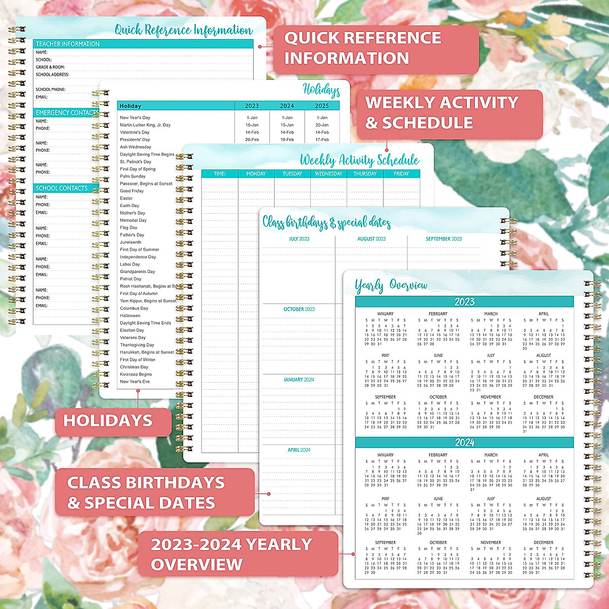 Teacher Planner 2023-2024 - 2023-2024 Teacher Planner, Academic Planner 2023-2024 from July 2023 to June 2024, 8" x 10", Teacher Lesson Plan Book with Quotes, Strong Twin-wire Binding - Floral