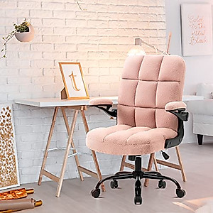 SEATZONE Pink Home Office Desk Chairs with Flip-up Armrest, Faux Fur, Fuzzy Computer Rolling Chair with Wheels, Adjustable Backward Tilt
