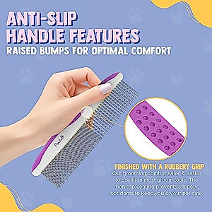 Poodle Pet Dog Combs for Grooming | 2 Pack | Stainless Steel Teeth Easily Remove Dirt | Proper Care Prevents Knots and Mats for Long and Short Haired Pets |Anti-Slip Comfort Grip Handle| Purple