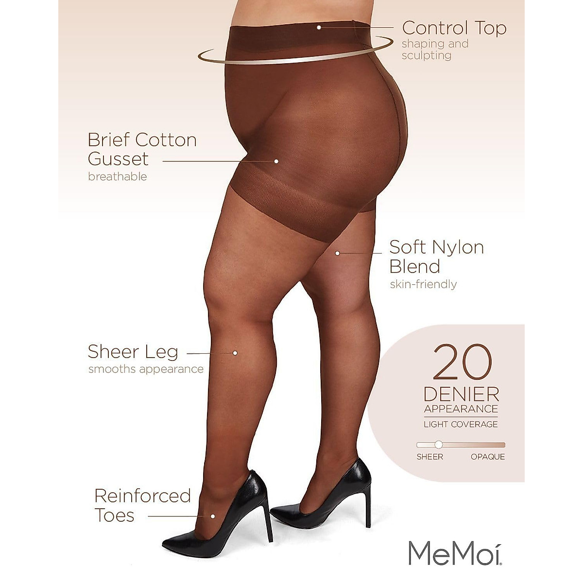 MeMoi Plus Size Curvy Control Top Pantyhose for Women, Comfortable Silky Sheer Pantyhose, Lightweight Womens Stockings - French Coffee 7X