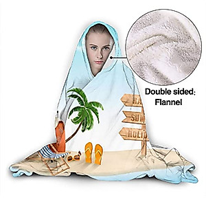 Hooded Blanket Summer Ocean Beach Tropical Palm Trees Flannel Wearable Throw Cape Robe Wrap Fleece Warm Air-Conditioning Quilt 60"X50"