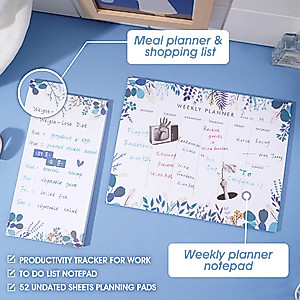 Weekly Planner Notepad Tear Off Set of 2 Weekly Calendar Pad 52 Undated To Do List Notepad Sheets Desk Planner Planning Pads Productivity Tracker for Work Goals Notes Schedule Ideas, Floral Blue