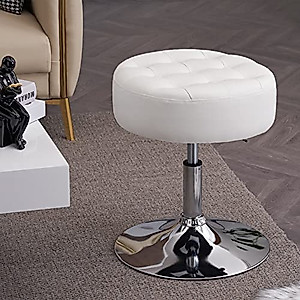 Furniliving Mid-Century Tufted Adjustable Swivel Makeup Ottoman Stool; Modern Big Size Round Vanity Stool Chair for Bedroom Living Room (White)