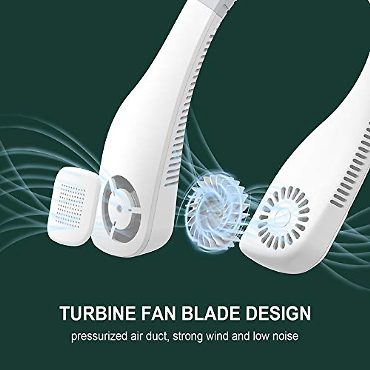 MQUPIN Portable Neck Fan, Hands Free Bladeless Fan, Large Capacity Battery Operated 3 Wind Speed Personal Fan Adjustable,USB Rechargeable for Office,Camping, Hiking, Travel - White