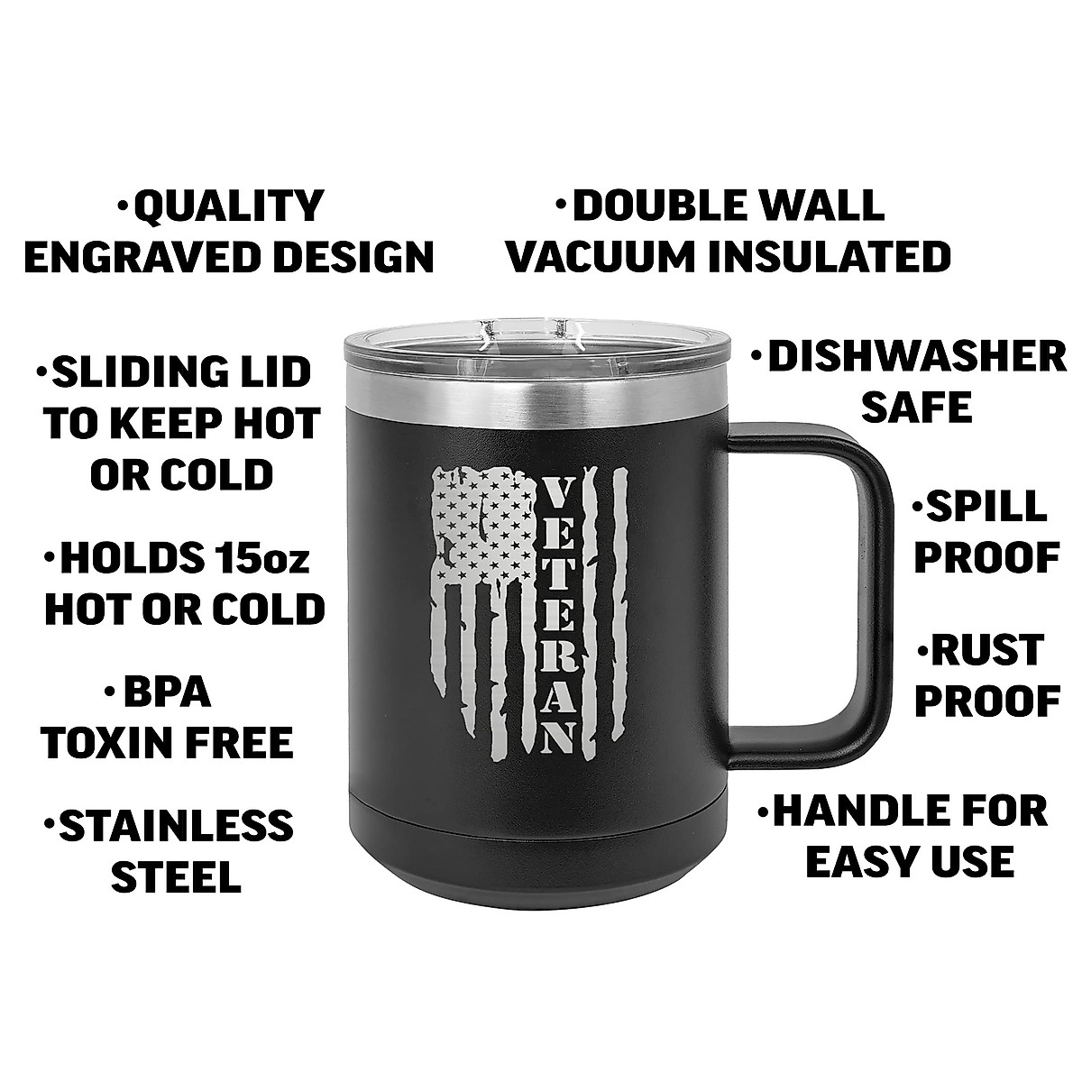 Rogue River Tactical USA Tattered American Flag Veteran Heavy Duty Stainless Steel Black Coffee Mug Tumbler With Lid Novelty Cup Great Gift Idea