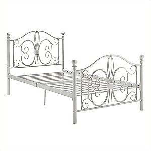 DHP Bombay Metal Platform Bed with Parisian Style Headboard and Footboard, Adjustable Base Height for Underbed Storage, No Box Spring Needed, Twin, White