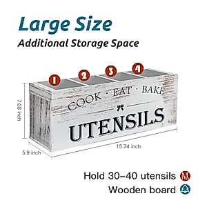 Suli Extra Large Kitchen Utensils Holder with 4 Compartments, Wooden Utensil Organizer for Kitchen Countertop, Farmhouse Kitchen Decor, Rustic Cooking Utensil - White grain