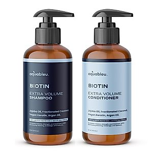 Aquableu Biotin Volumizing Shampoo & Conditioner Set – Natural Thickening & Volume For Thicker Fuller Hair - Promotes Healthy Hair Growth - Includes Coconut, Keratin, Argan & Jojoba Oil – Sulfate Free