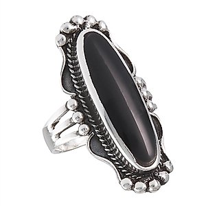 Long Simulated Black Onyx Bali Rope Halo Beaded Ring .925 Sterling Silver Band Size 9
