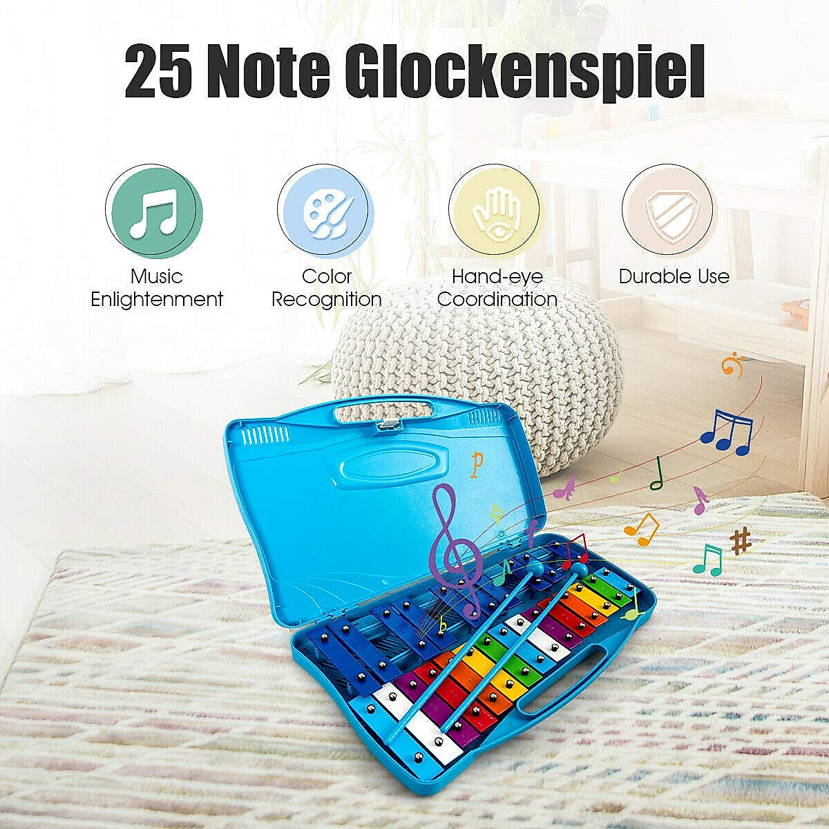 Costzon 25-Note Xylophone w/Case, Colorful Musical Toy w/Clear Tuned Metal Keys, 2 Child-Safe Mallets, Perfectly Tuned Instrument for Kids, Toddlers (With music sheets, Blue)