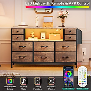 YITAHOME TV Stand with Charging Station, Dresser TV Stand for 55'' TV, 10 Drawer Dresser for Bedroom, Media TV Console Table with Side Pockets & Hooks, Storage Fabric Drawer Unit for Bedroom, Wood